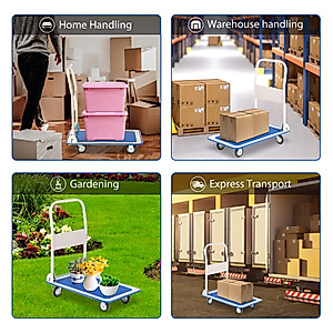 Endynino Folding Platform Truck, Portable Hand Truck Dolly with 360 Degree Wheels Wheels, Push Cart Dolly for Moving, Garages, Warehouse, Garden, Holds up to 330LBS, Blue