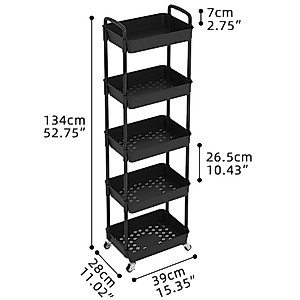 JIUYOTREE 5-Tier Rolling Storage Cart Utility Cart with Lockable Wheels for Living Room Bathroom Kitchen Office Black
