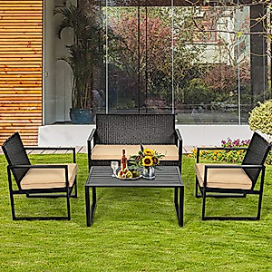Tangkula 4-Piece Patio Rattan Furniture Set, Outdoor Conversation Set w/Seat Cushions & Coffee Table, Sturdy Metal Frame, Sectional Wicker Sofa Set for Garden, Backyard, Poolside (1, Light Brown)