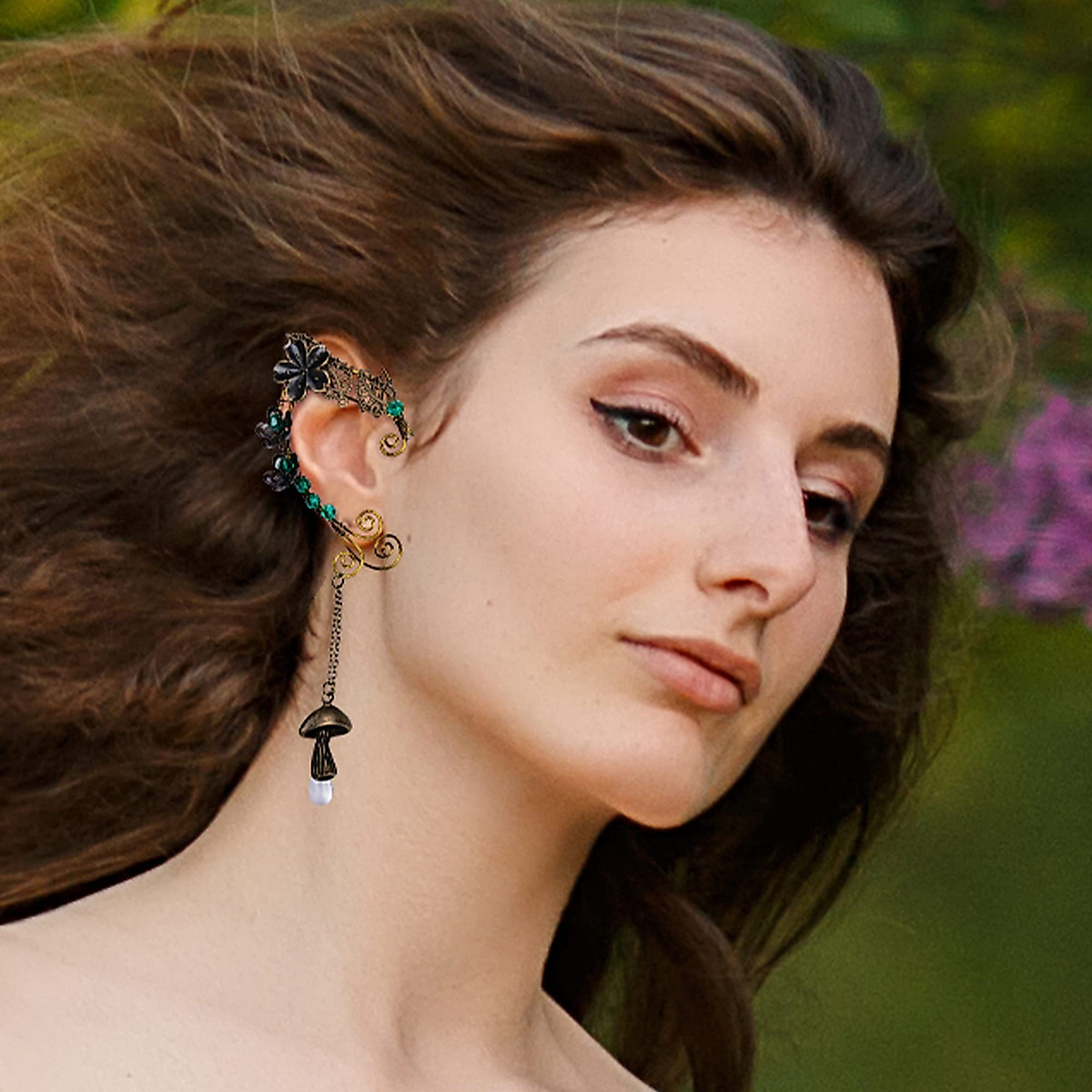 Renaissance Handmade Cherry Blossom Elf Fairy Ear Cuffs - Bronze Forest Antique Vintage Earrings with Green Rhinestone Delicate Dangle Ear Jewelry for Women Christmas Halloween Costume Dress Up Accessory