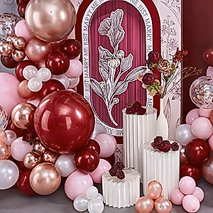 PartyWoo 140 pcs Burgundy Red and Pink Balloon Garland, Double-stuffed Burgundy Balloons, Metallic Rose Gold Wine Red Light Pink Balloon Arch Kit for Birthday Decorations, Baby Shower, Wedding
