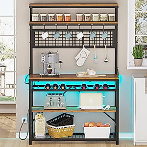 Itaar Bakers Rack with Power Outlet, 6-Tier Coffee Bar, Microwave Stand with Wine Rack, LED Lights and 10 Hooks, Bakers Racks for Kitchens with Storage, Rustic Brown