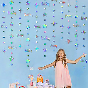 Iridescent Happy Birthday Decorations Happy Birthday Circle Dot Twinkle Star Garland Kit Metallic Holographic Hanging Streamer Bunting Banner Backdrop for Women Mens Kids Birthday Party Supplies