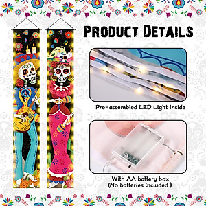 Tiamon 3 Pcs Day of The Dead Porch Sign with LED Lights, Mexican Dia De Los Muertos Party Door Decorations, Day of The Dead Sugar Skull Door Banner for Halloween Fiesta Party, 11.8 x 70.9 Inches