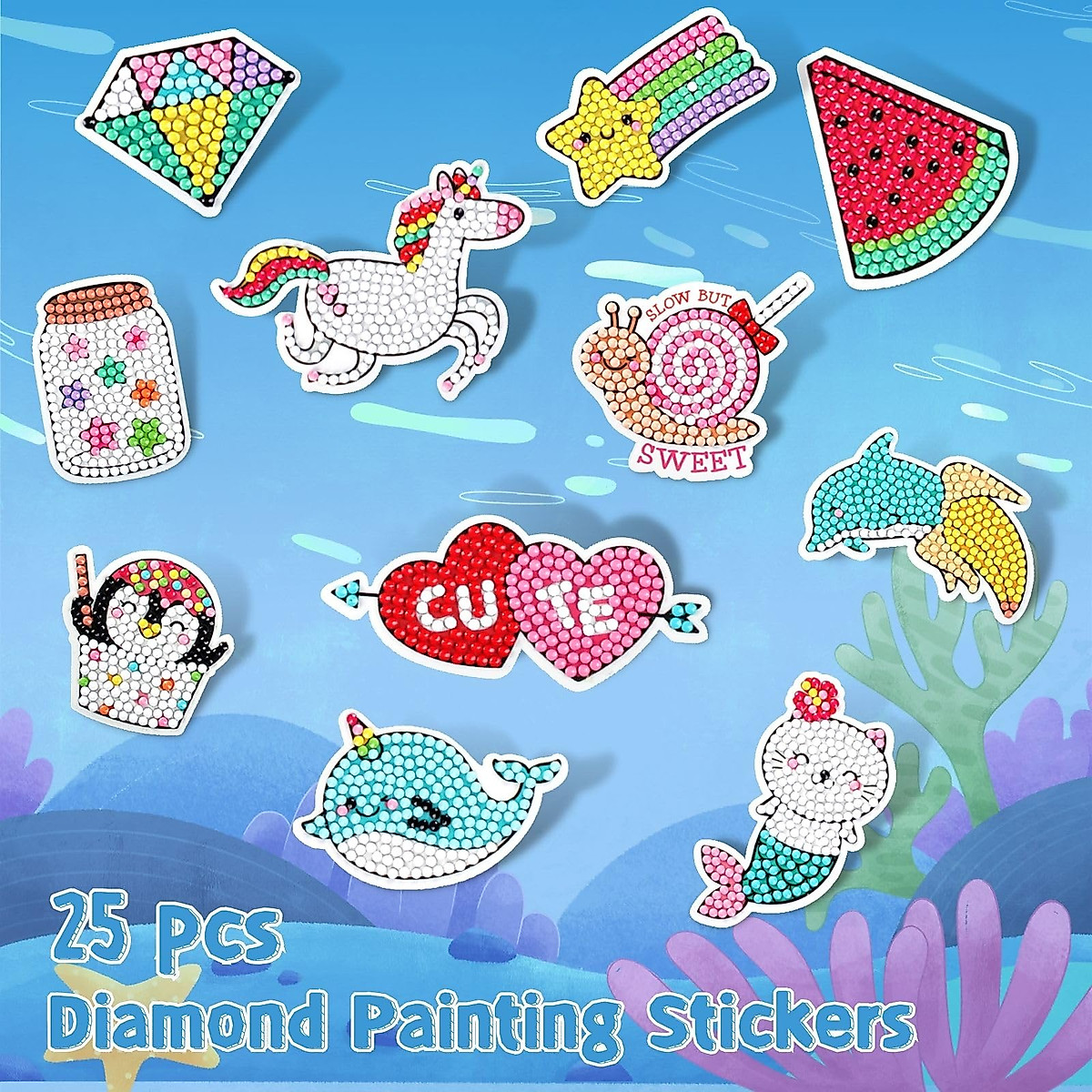 Cymbana 5D Diamond Painting Stickers Kits 25 Pcs Diamonds Dots Arts and Crafts for Kids Ages 6-8 8-12 Contains Unicorn, Mermaid, Cat