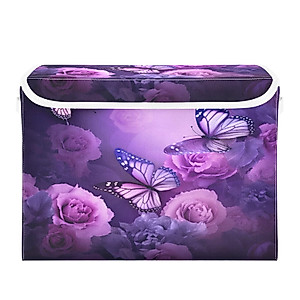 Wassud Purple Butterfly 16.5"x12.6"x11.8" Storage Bins with Lids,Collapsible Stackable Fabric Linen Baskets Closet Organizer Container