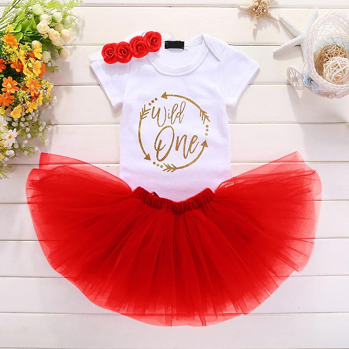 IBTOM CASTLE Baby Girl 1st Birthday 3pcs Crown Floral Boho Clothes Headband & One Piece Bodysuit Jumpsuit Onesies & Layered Tulle Skirts Princess Photo Shoot Costume Red Arrow Wild One Outfits 1Y