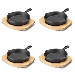 Navaris Mini Cast Iron Skillet with Wooden Base (Set of 4) - Cast Iron Frying Pan Mini Skillet with Protective Wood Base - Heavy Duty Metal Skillet Weighing 426g