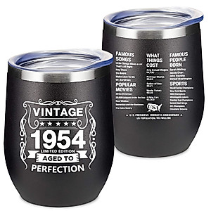 70th Birthday Gifts for Women and Men - 1954 70th Birthday Decorations - 12 Oz Insulated Stainless Steel Wine Tumbler with Lid for Her Wife Mom Grandma Aunt Friend, Black