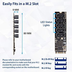 IO CREST Internal 5 Port Non-RAID SATA III 6GB/s M.2 B+M Key Adapter Card for Desktop PC Support SSD and HDD. JMB585 Chipset