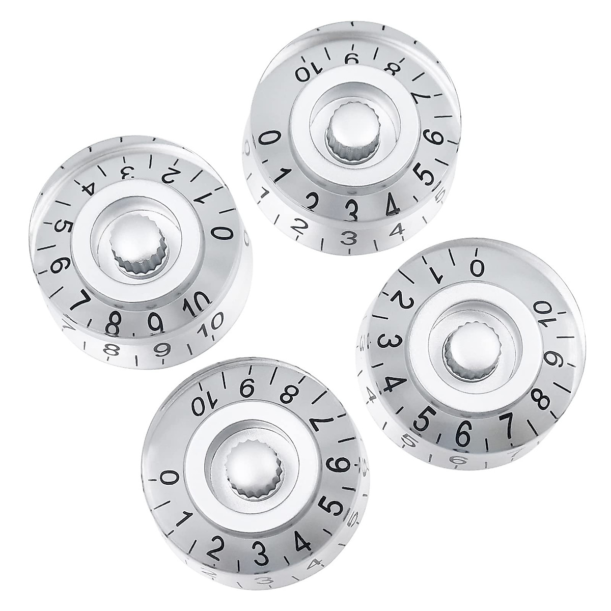 Micovay 4pcs Volume Tone Speed Control Knobs Hat Shape for Les Paul LP Style Bass Electric Guitar Parts, Transparent Silver with Black Numbers