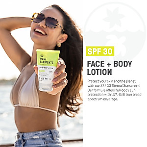Raw Elements Face and Body Mineral Sunscreen SPF 30 Tube, Organic Sunblock Daily Protection, Non Toxic Reef Safe, Water Resistant, Cruelty Free, 3 oz (Pack of 1)