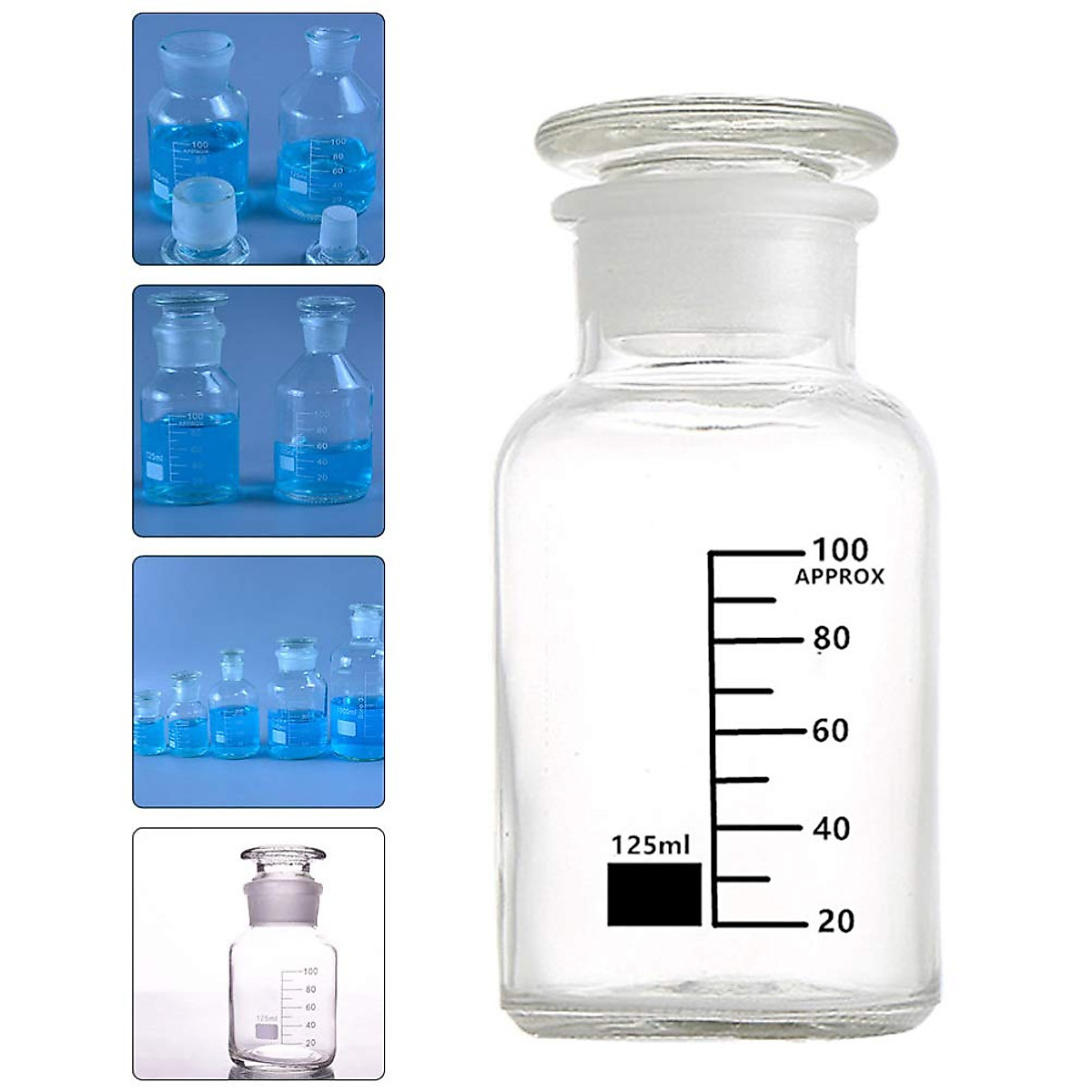 iplusmile Reagent Bottle Apothecary Jar, Glass Wide Mouth Reagent Bottle 125ml Capacity Laboratory Chemistry Sample Glass Bottle with Glass Stopper and Scale for Lab and Kitchen