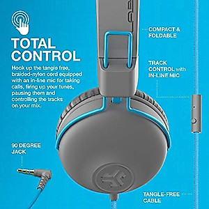 JLab Studio On-Ear Headphones | Wired Headphones | Tangle Free Cord | Ultra-Plush Faux Leather with Cloud Foam Cushions | 40mm Neodymium Drivers with C3 Sound | Gray/Blue