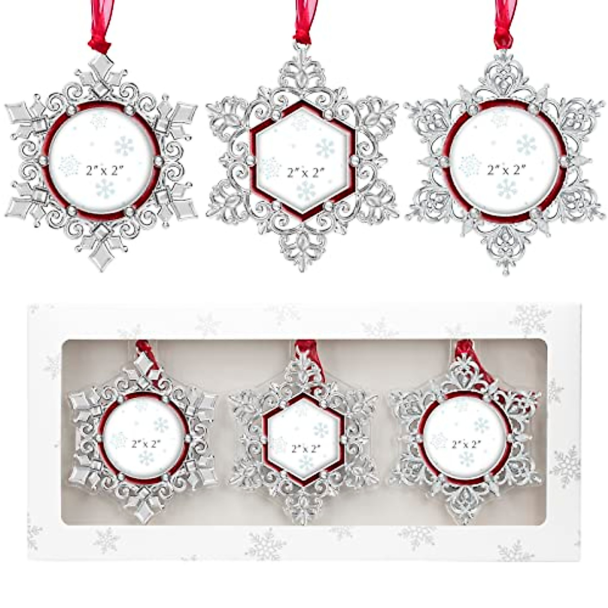 West style 2023 Snowflake Christmas Tree Ornaments Set 3 Pieces-Metallic Picture Frame Hanging Home Deco Hanging Pendant Holiday Keepsake Gift (Red, 3 Pieces)