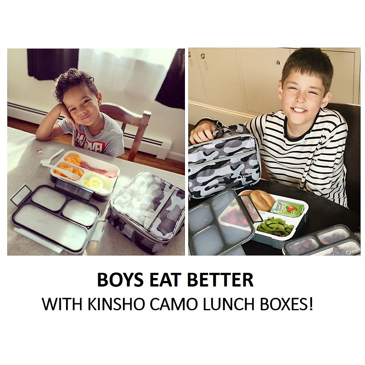 Camo Lunch Box for Boys | Bento Boxes with Bag, Ice Pack Set | Snack Containers for Kids Men Adults. 3 Leakproof Compartments, Container with Insulated Bags for School Lunches, Black Grey Camoflauge