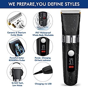 Hair Clippers for Men Professional, Cordless Beard Trimmer Mens Cutting Kit Barbers Haircut Electric Grooming Machine - USB Rechargeable & Waterproof with LED Display
