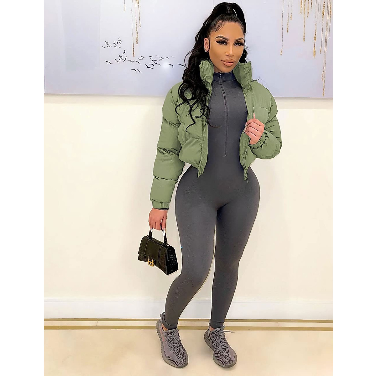 Alunzoem Womens Winter Jacket Long Sleeve Stand Collar Cropped Down Coat Outerwear Green XL