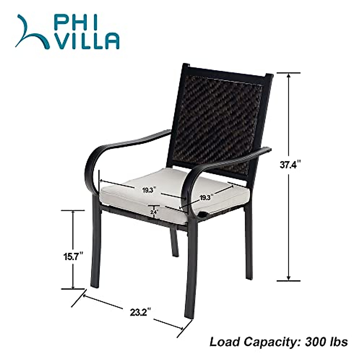 PHI VILLA Outdoor Rattan Dining Chairs Set of 2, Wicker Chairs with Removable Cushion & Metal Frame, for Patio, Deck, Yard, Porch