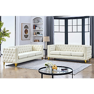 Antetek Comfy Upholstered Couches for Living Room, 80-inch Modern Button Tufted 3-Seater Sofa w/Square Arm, 4 Golden Metal Legs and Gold Nail Heads for Living Room, Office, Apartment, Beige