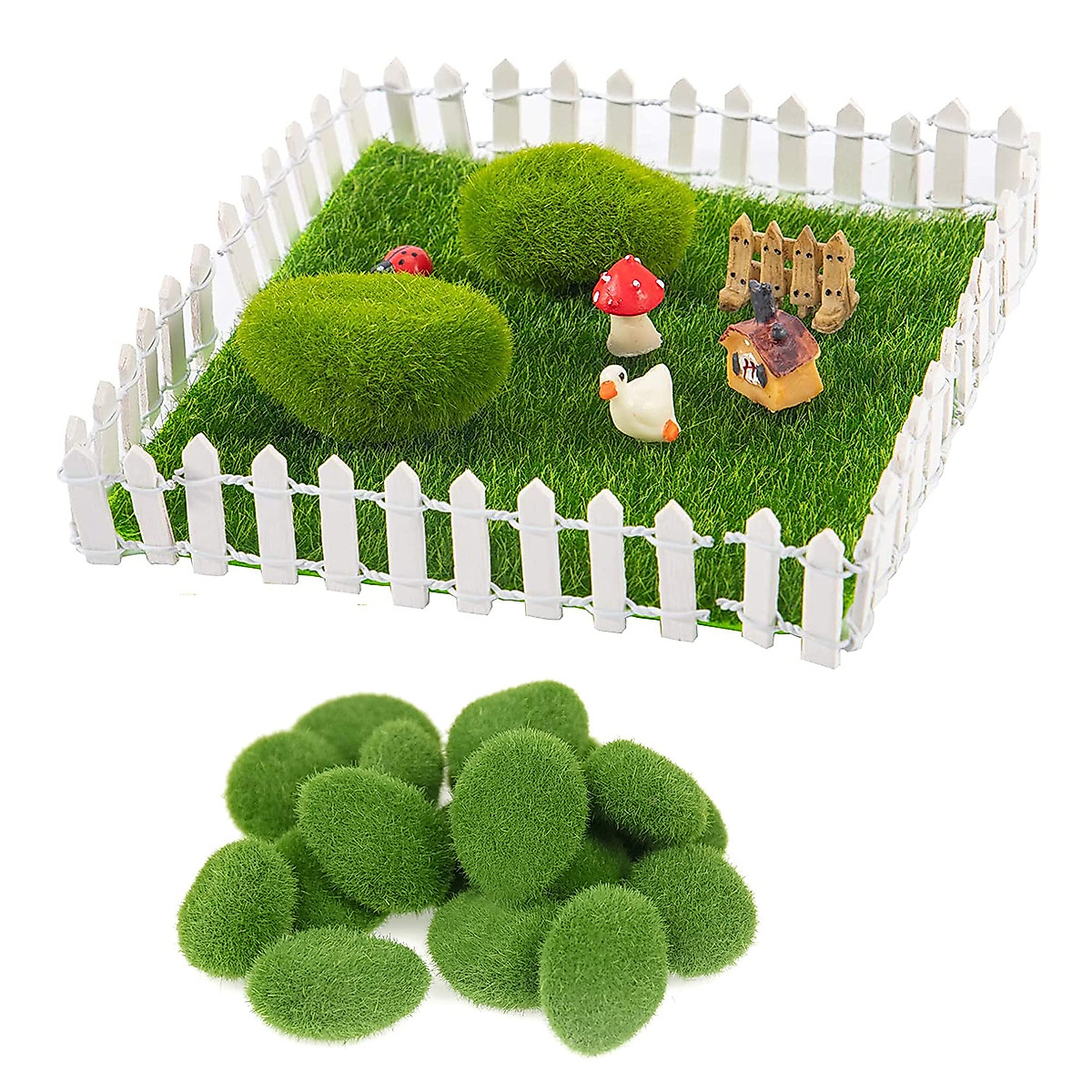 Cayway 28 PCS Artificial Garden Grass and Artificial Moss Rocks Decorative Set, 5.9 x 5.9Inch 12 PCS Fairy Artificial Grass and 15 PCS Green Moss Balls, Floral Scissors for Decoration, Fairy Gardens