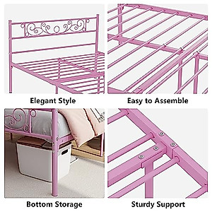 Elephance Full Size Bed Frame with Headboard and Footboard, Metal Platform Bed Frame with 14 Inch Storage Space No Box Spring Needed Easy Assembly for Adult Pink