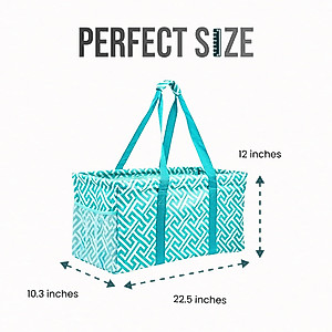 Lucazzi Extra Large Utility Tote Bag - Oversized Collapsible Reusable Wire Frame Rectangular Canvas Basket With Two Exterior Pockets For Beach, Pool, Laundry, Car Trunk, Storage - Geometric Teal