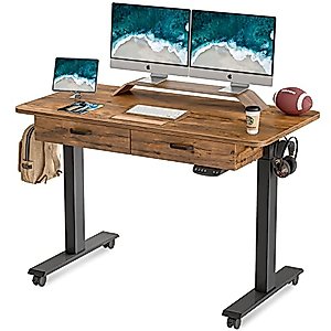BANTI Adjustable Height Electric Standing Desk, Stand Up Home Office Desk with Splice Tabletop, Black Frame/Rustic Brown Top