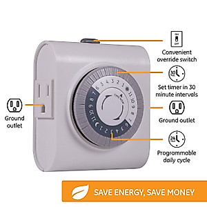 GE 24-Hour 2 Grounded Outlets Mechanical Outlet Timer, Timers for Electrical Outlets Indoor, Light Timers Indoor, Daily ON/OFF Cycle, Lamp and Christmas Light Timer, Indoor Light Timer, 15075