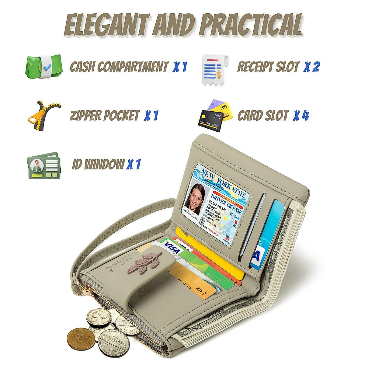 PRETTYZYS Small Bifold Wristlet Wallet for Women – Handmade, RFID Blocking Wallet Case with Credit Card Sleeves, Cash & Coin Storage Compartments – Mini Purse for Ladies, Teenage Girls - Grey Green