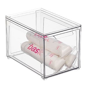 mDesign Plastic Stackable Bathroom Storage with Pull Out Bin Organizer Drawer for Cabinet, Vanity, Shelf, Cupboard, Cabinet, or Closet Organization - Lumiere Collection - Clear