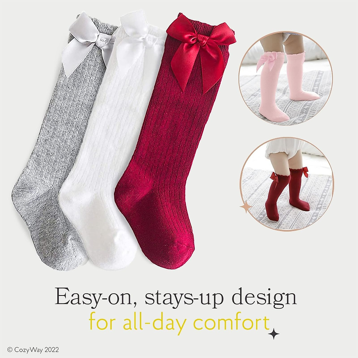 CozyWay Baby Knee High Bow Socks For Baby Girls Infant 6-12 Months 5-5 Pack