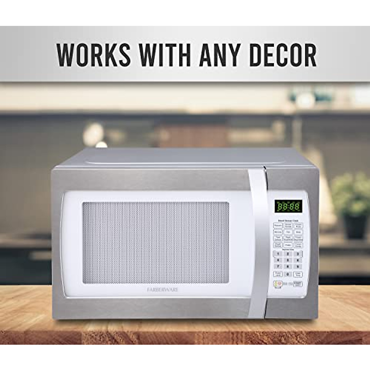 Farberware Countertop Microwave Oven 1.3 Cu. Ft. 1100-Watt with Smart Sensor Cooking, ECO Mode and Green LED Lighting, Child Lock, Easy Clean Black Interior, Retro White and Platinum