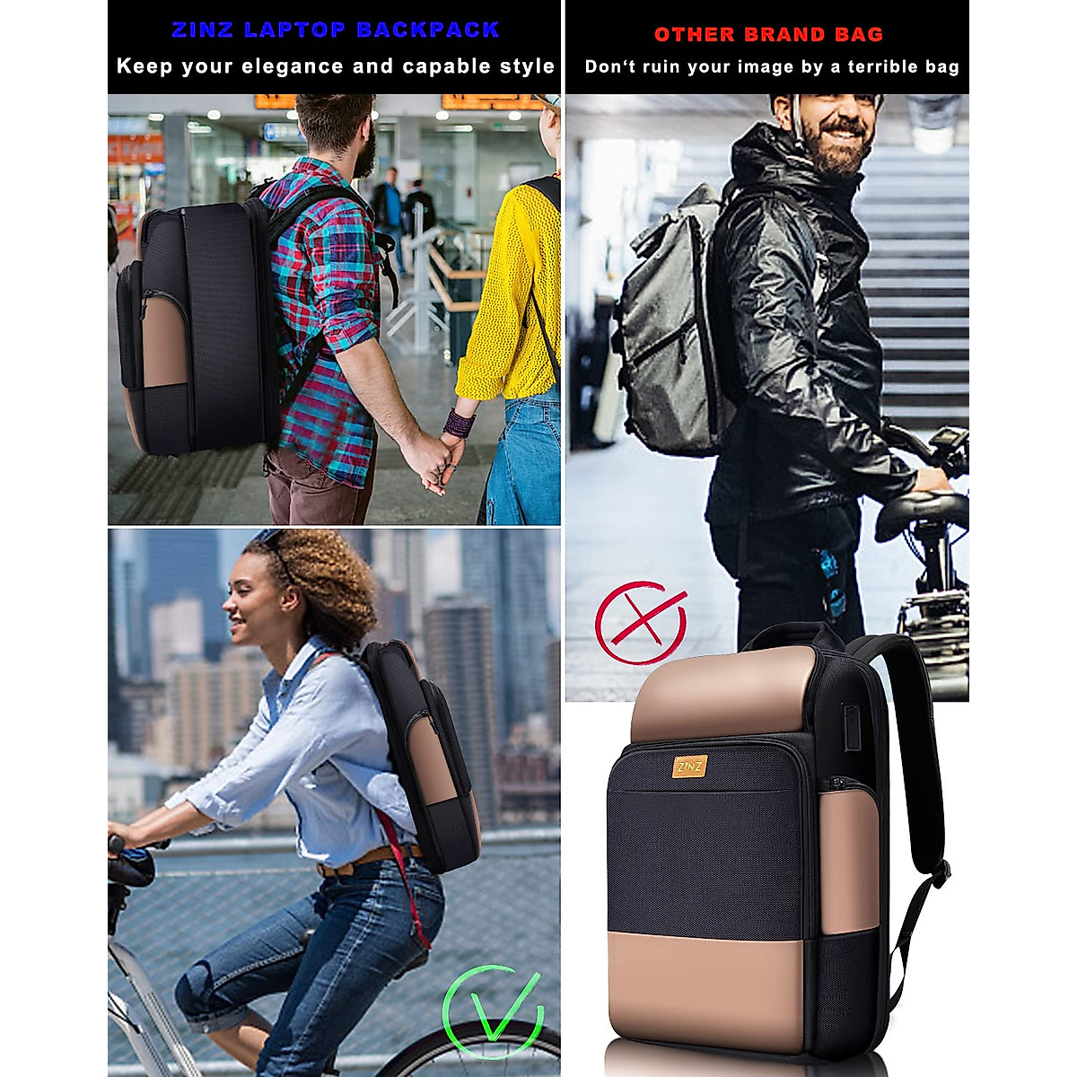 ZINZ Slim Expandable 15.6 inch Versatile Travel Laptop Backpack with Patented Foldable Shoulder Pockets and USB, Anti-Theft Business Backpack for School/Work/Hiking/Camping for Men Women,Black