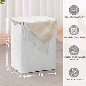 66L Laundry Hamper with Lid and Liner Bag, 19.7" Tall Laundry Basket with Handle, Waterproof and Collapsible Cloth Hamper for Bedroom and Bathroom, White