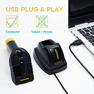 NADAMOO Wireless Barcode Scanner with Charging Cradle, Read 1D, 2D, QR Code, Data Matrix, PDF417, 400m Transmission Distance, 2200mAh Rechargeable Battery, Cordless CMOS Image Reader for Computer