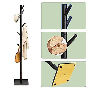 JOISCOPE Wooden Coat Rack Freestanding, Sturdy Coat Tree with 3 Adjustable Sizes, 8 Hooks and Easy to Assemble Coat Hanger for Coats, Hats, Scarves, Clothes and Handbags，Square(Black)