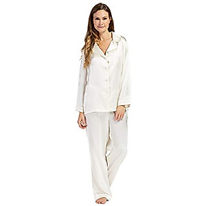 Fishers Finery Women's 100% Pure Mulberry Silk Long Pajama Set with Gift Box - Button Down Pj Top, Cool and Comfortable Loungewear (White, L)