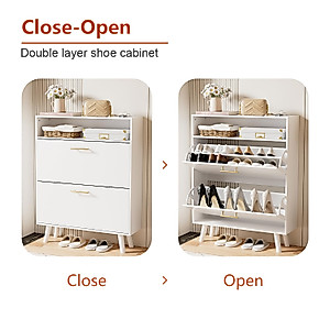 HOUROM Shoe Cabinet for Entryway, White Slim Shoe Cabinet Storage with 2 Flip Drawers, 2 Tier Freestanding Shoe Organizer for Entryway, Hallway, Living Room