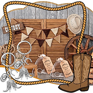 151 Pcs Cowboy Western Party Favors Cowboy Keychain Western Keychain Cowboy Hat Boot Horse Shoe Keyring with Organza Bags Thank You Tags and Rope for Guests Engagement Western Party Favor Supplies