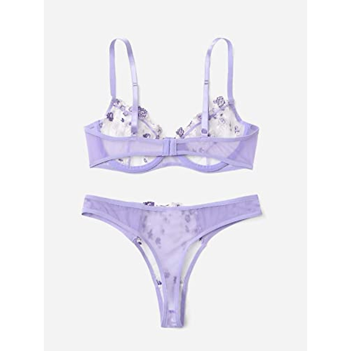 WDIRARA Women's Floral Embroidery Underwire 2 Piece Lingerie Set Mesh Bra and Panty Set Purple M
