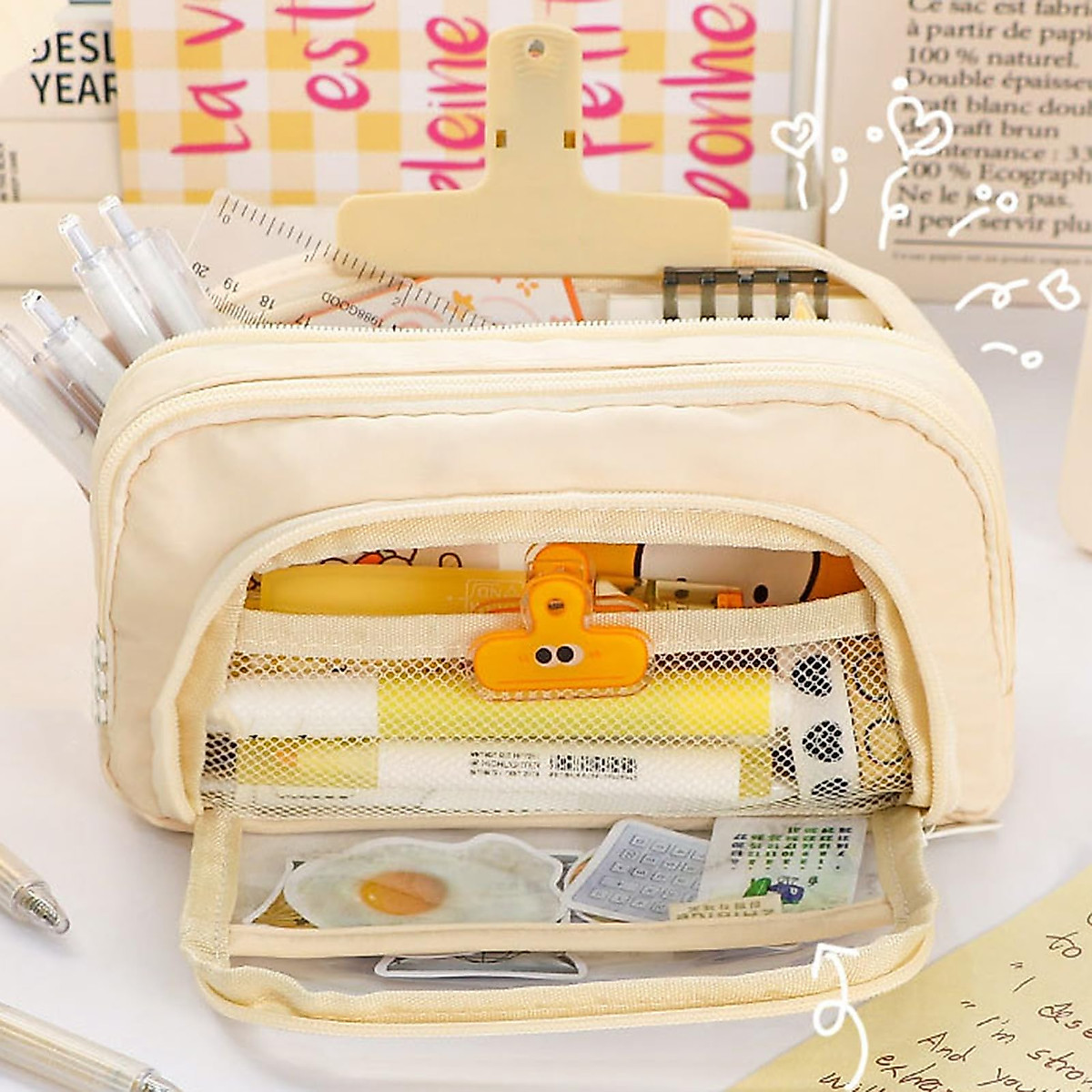 YESBAY Clear Window Pen Bag Pencil Case Pouch Pen Case Organizer Large Capacity Multi-Pocket Portable Zipper Unisex Pencil Stationery Pouch Case for Pen, Pencil, Cosmetic, Gadget, Stationary Beige