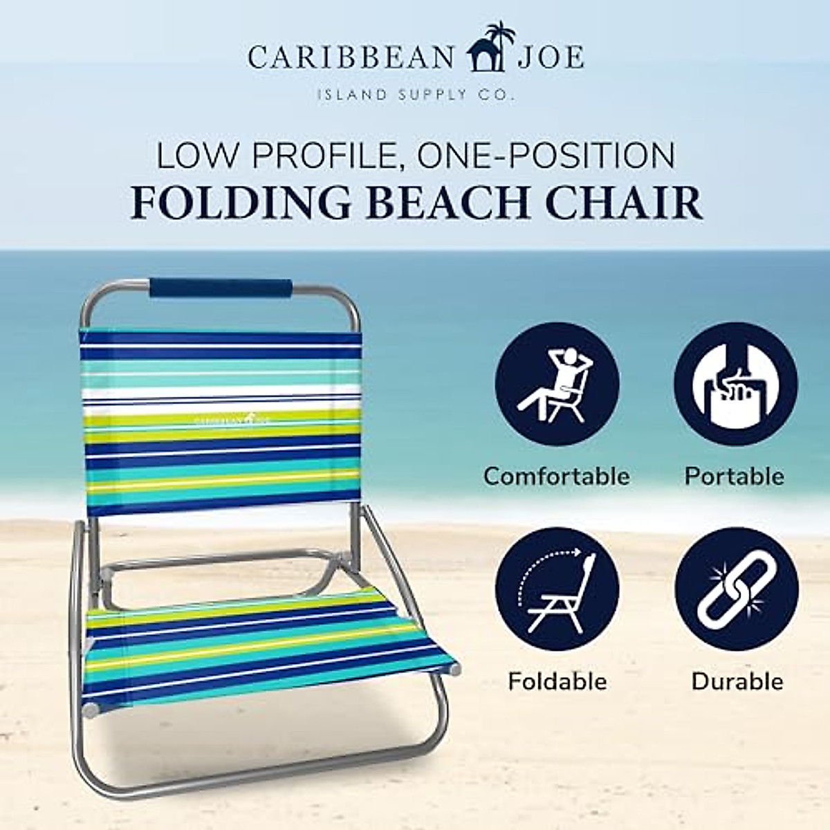 CARIBBEAN JOE Folding Beach, 1 Position Lightweight and Portable Foldable Outdoor Camping Chair, Blue Lime Stripe