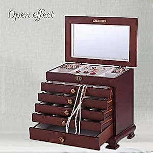 SHELYEXIEN Large Jewelry Box wooden withLockable 6 Drawers Mirror Jewelry Gift Box Ring Necklace Earrings Bracelets Holder for Women Girls