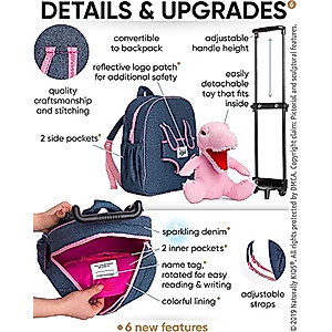 Naturally KIDS Dinosaur Backpack - Dinosaur Toys for Kids 3-5 - Kids Suitcase for Boys Girls w Stuffed Animal - Gifts for 7 Year Old Boy - w Pockets & Reflective Logo - Rolling Backpack w Pink T Rex