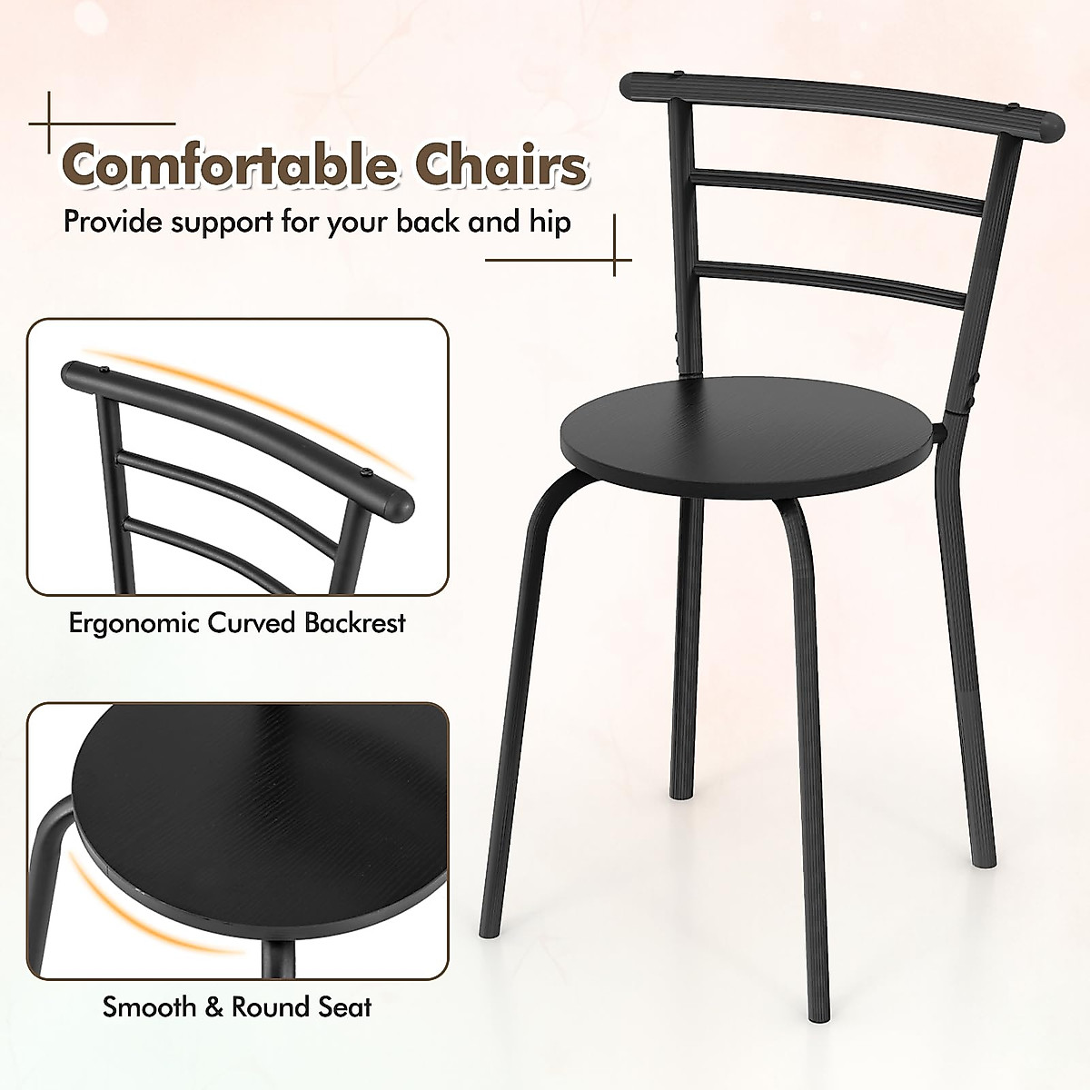 Giantex 3 Piece Dining Set Compact 2 Chairs and Table Set with Metal Frame and Shelf Storage Bistro Pub Breakfast Space Saving for Apartment and Kitchen (Black)