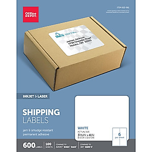 Office Depot White Inkjet/Laser Shipping Labels, 3 1/3in. x 4in., Box of 600, 505-O004-0010