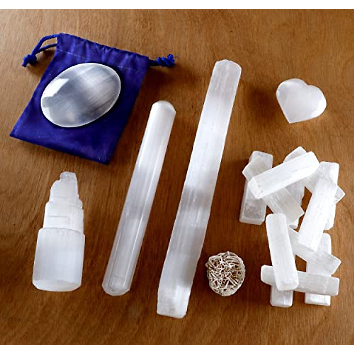 DANCING BEAR Selenite Protection Collection (22 pc Set): 12-15 Sticks (1.5-2”), Palm Stone, Heart, Tower, 8" Stick, 5.5" Massage Wand, and Desert Rose