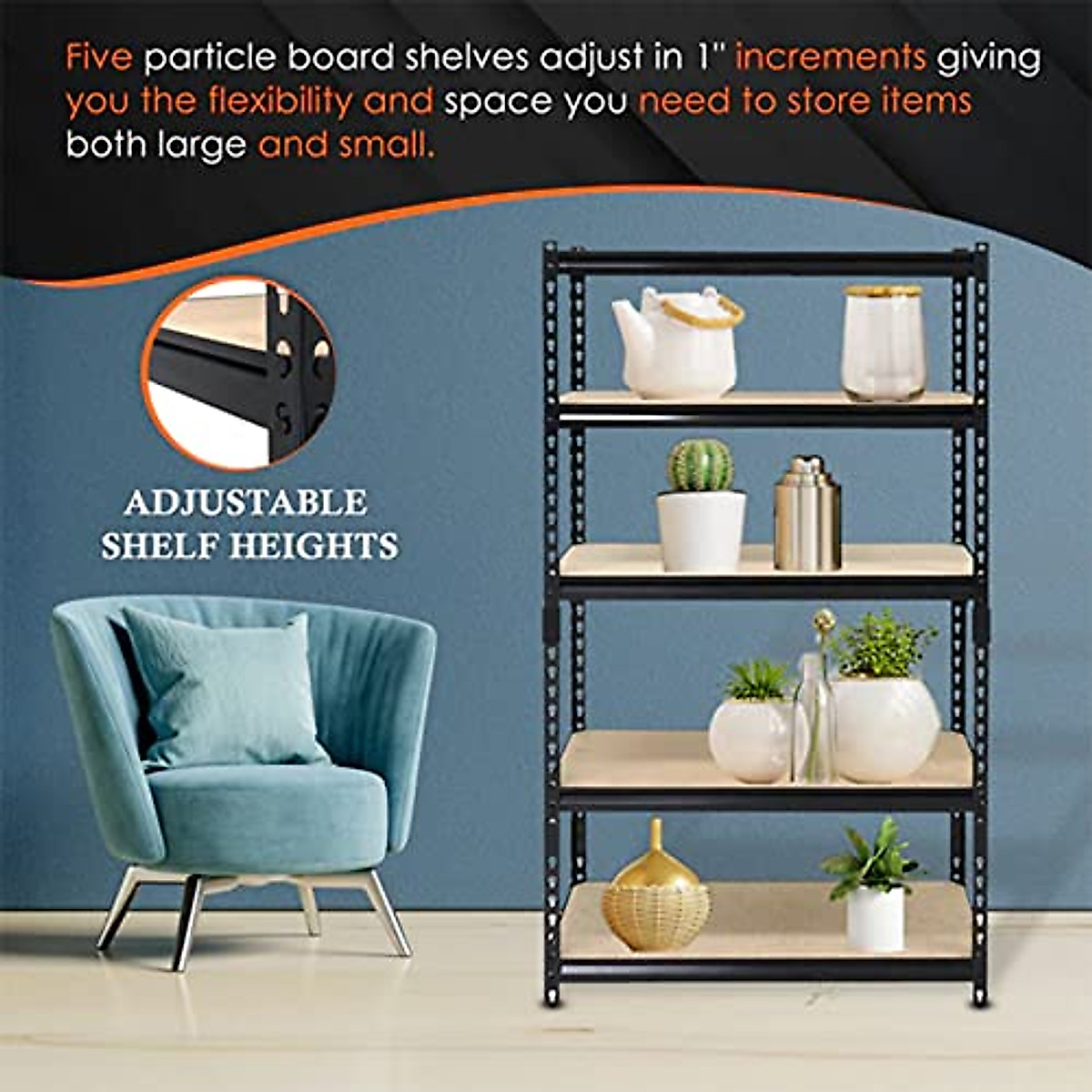 Juggernaut Storage 48" W x 24" D x 72" H Five-Shelf Steel Shelving Unit, 4000 lb Capacity, Black (SS4824-5BLK)