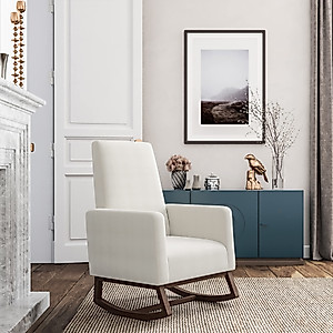 BELLEZE Modern Rocking Chair, Nursery Glider Rocker with Comfortable Padded Seat Solid Wood Base, Fabric Upholstery Arm Chair for Living Room Bedroom Baby Room - Felix (White)